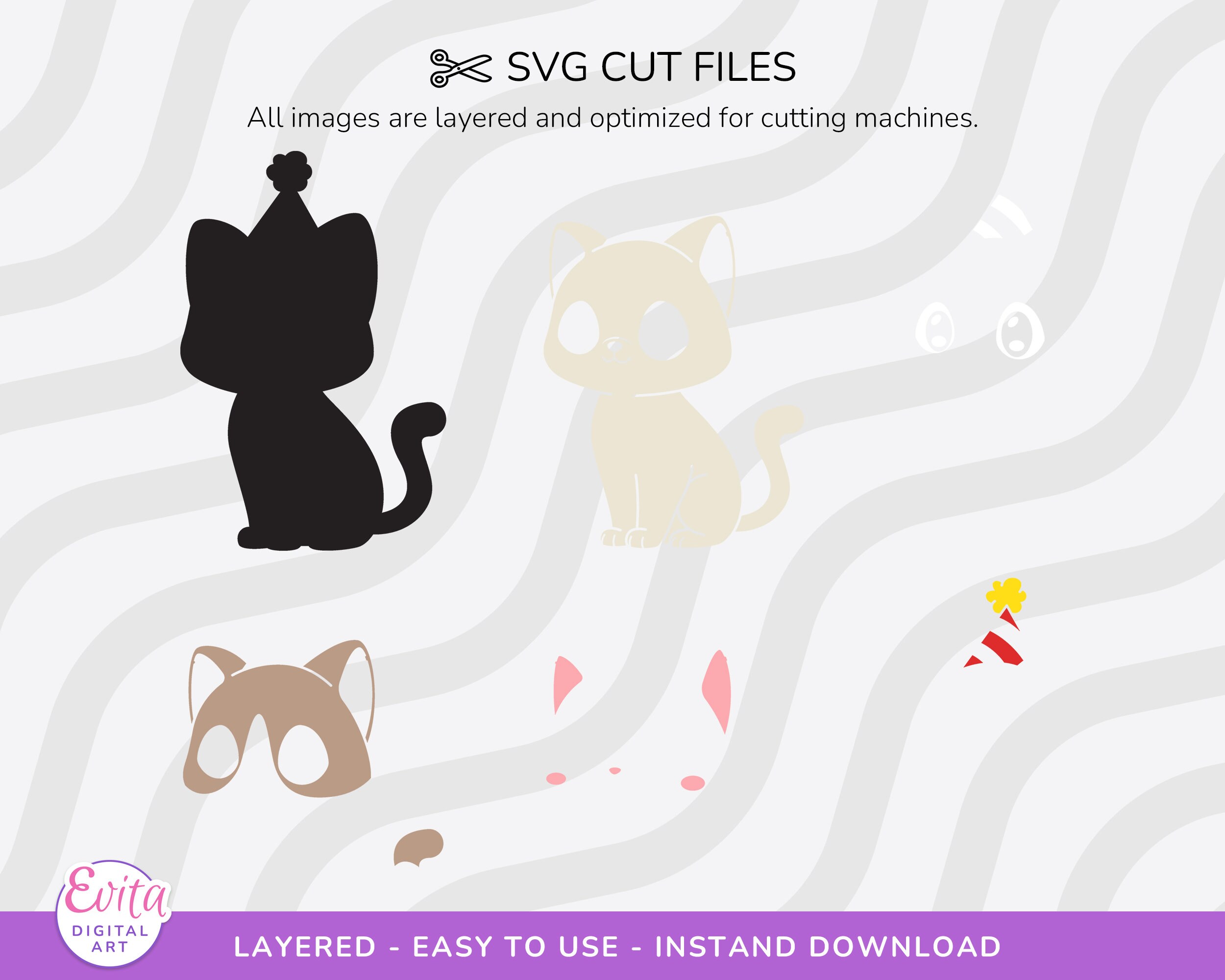 Birthday Cats Clipart SVG Bundle - Silhouette, Cricut - Cute Cat Party ...