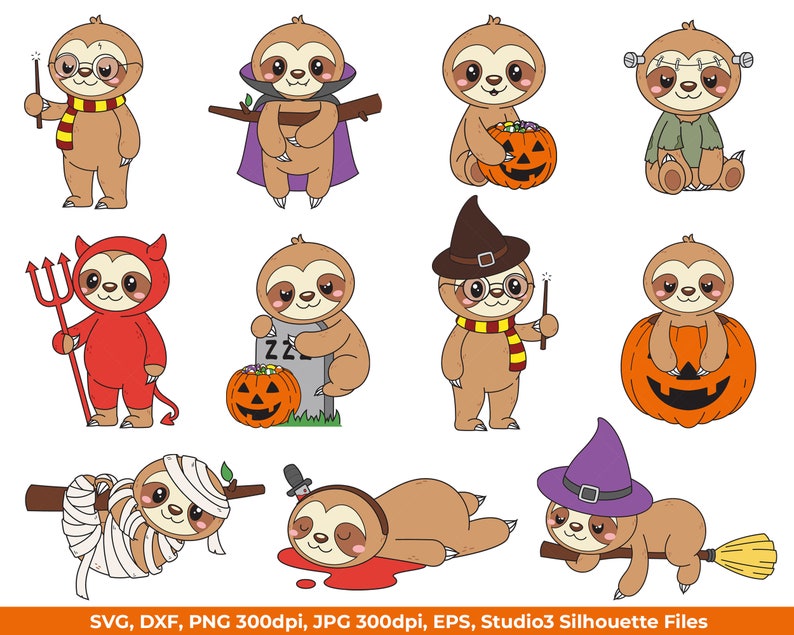 Halloween Sloth SVG Clipart Set - Layered Cut Files - Cricut ...