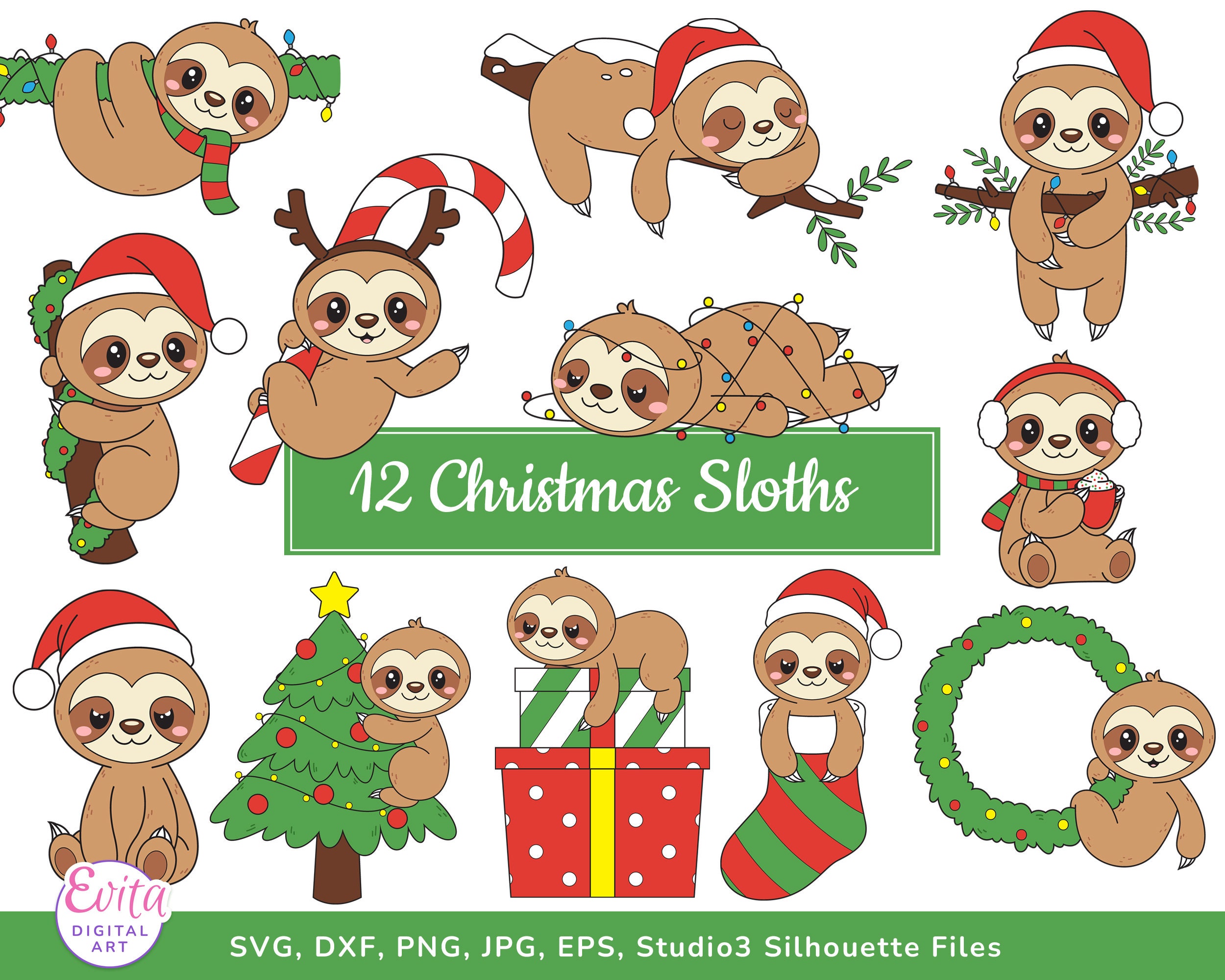 Christmas Sloth SVG Clipart Set Layered Cut Files Cricut, Silhouette ...