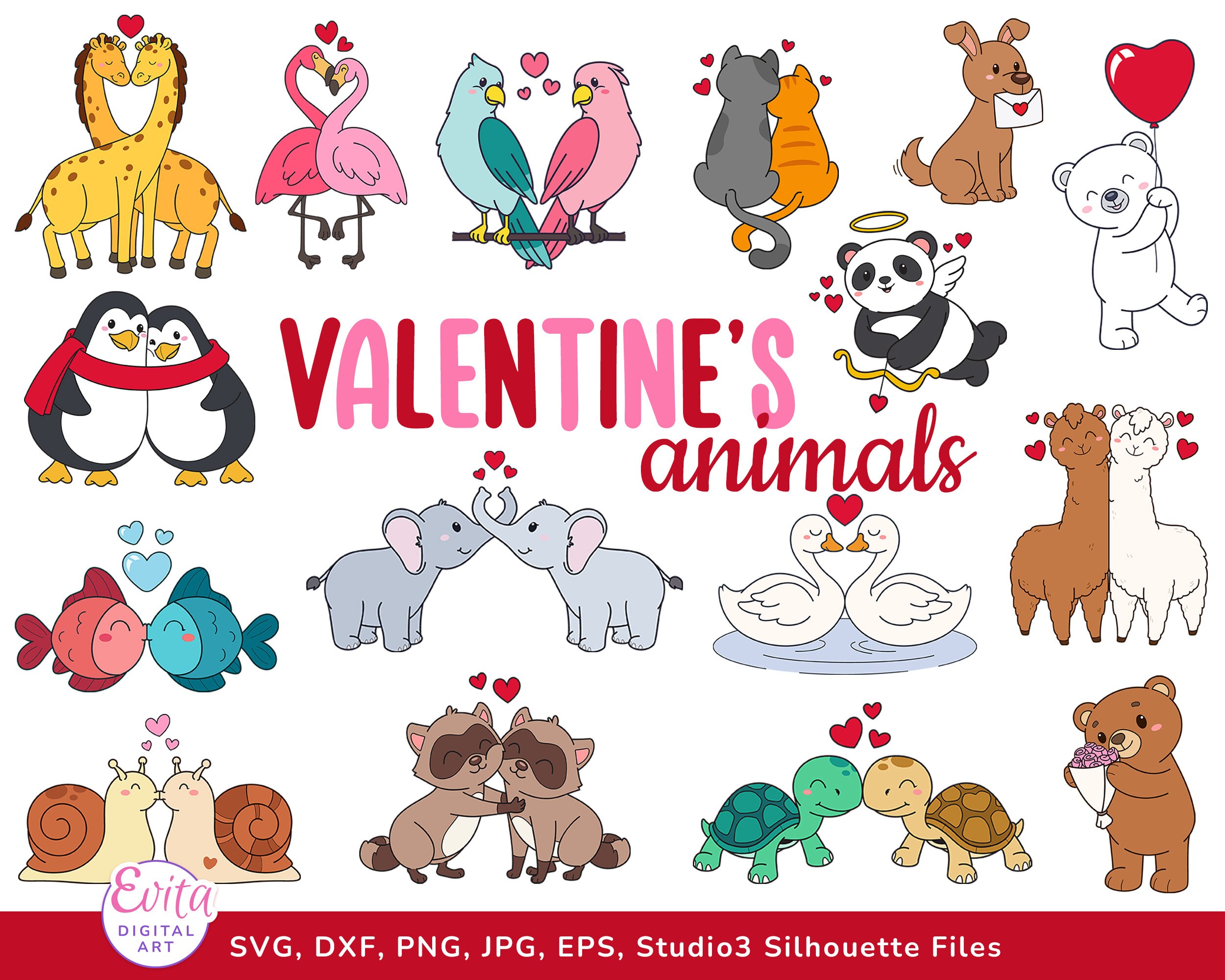 Cute Animals Valentines SVG Bundle, Cricut, Silhouette, EPS, PNG, Cute ...
