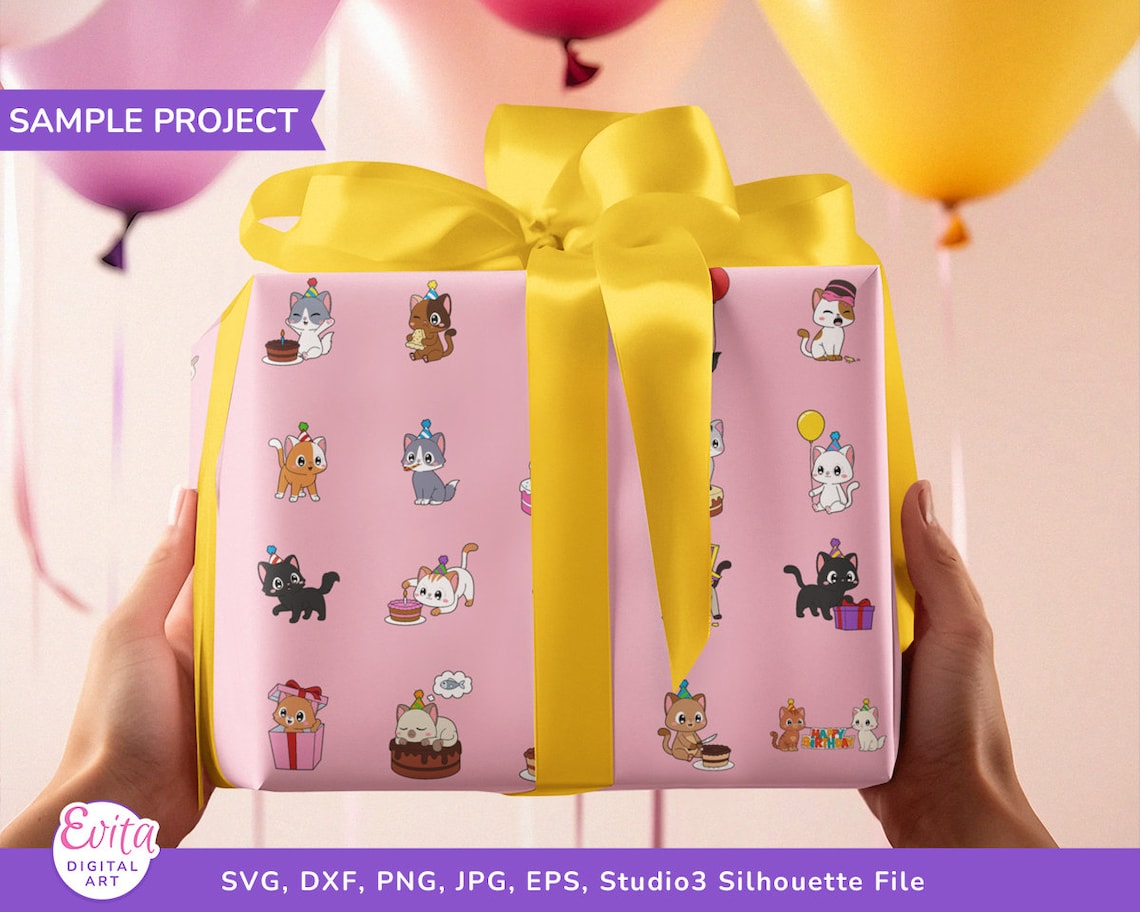 Birthday Cats Clipart SVG Bundle Silhouette, Cricut Cute Cat Party Clip ...