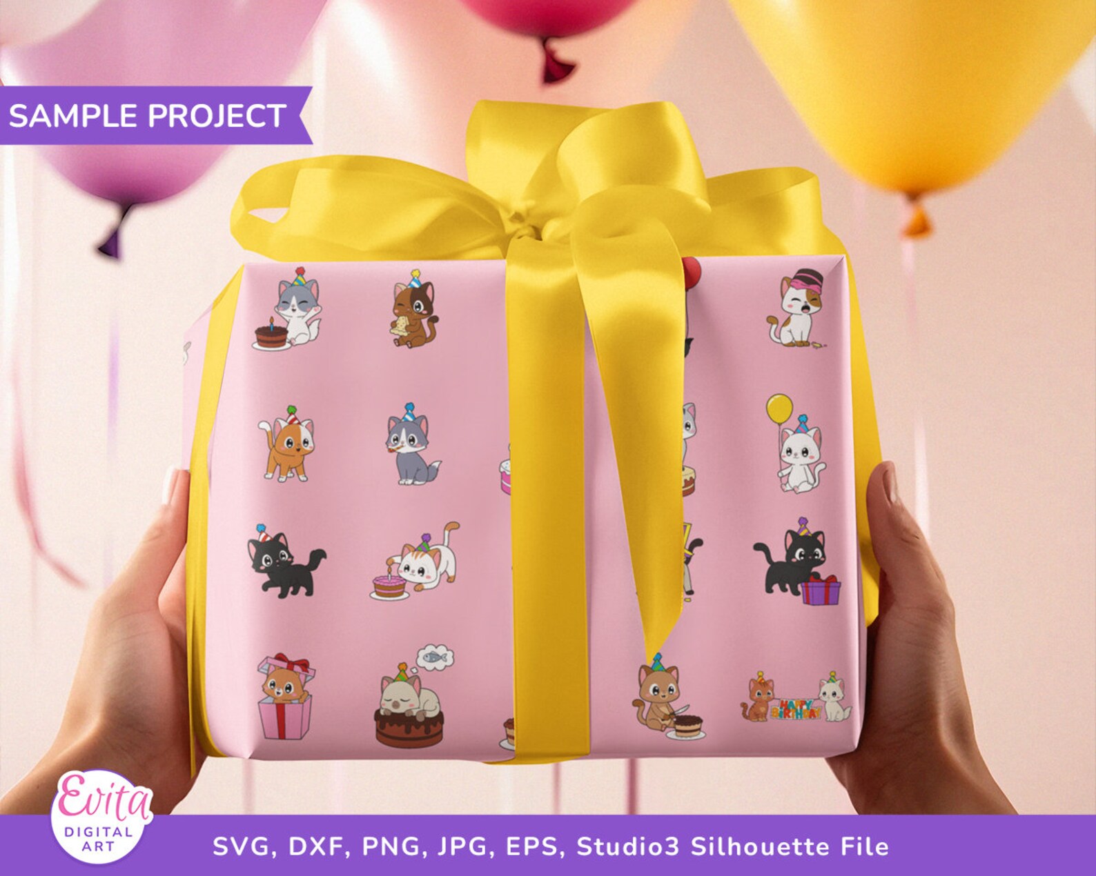 Birthday Cats Clipart SVG Bundle - Silhouette, Cricut - Cute Cat Party ...