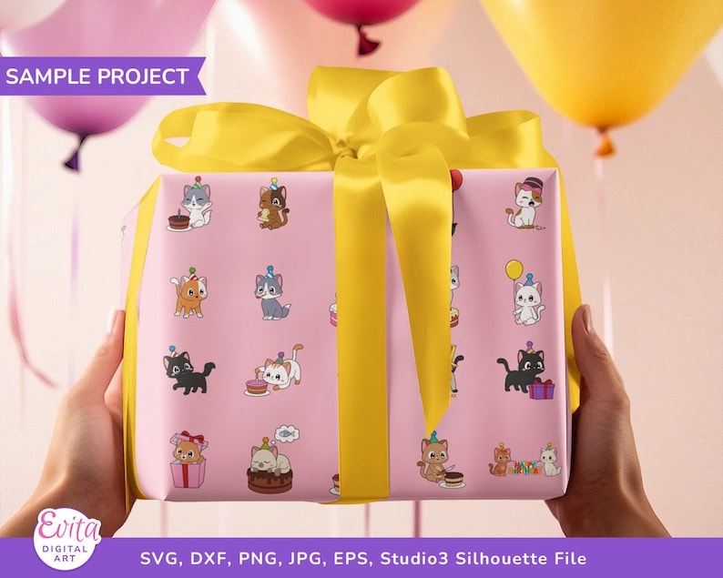 Birthday Cats Clipart SVG Bundle - Silhouette, Cricut - Cute Cat Party ...