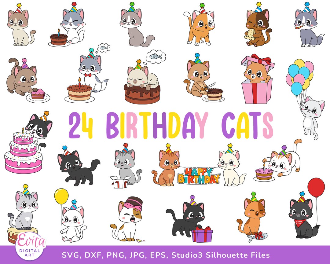 Birthday Cats Clipart SVG Bundle - Silhouette, Cricut - Cute Cat Party ...