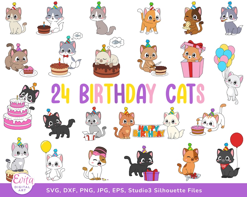 Birthday Cats Clipart SVG Bundle - Silhouette, Cricut - Cute Cat Party ...