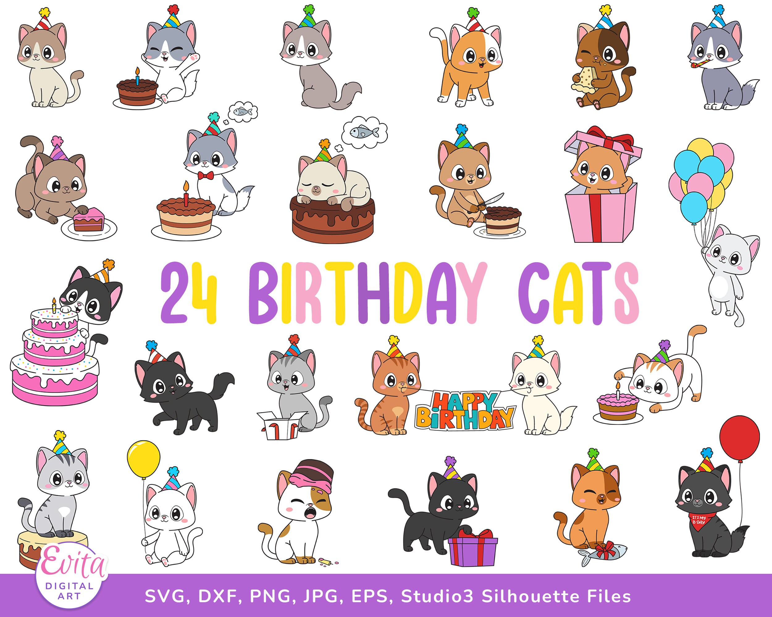 Birthday Cats Clipart SVG Bundle - Silhouette, Cricut - Cute Cat Party ...