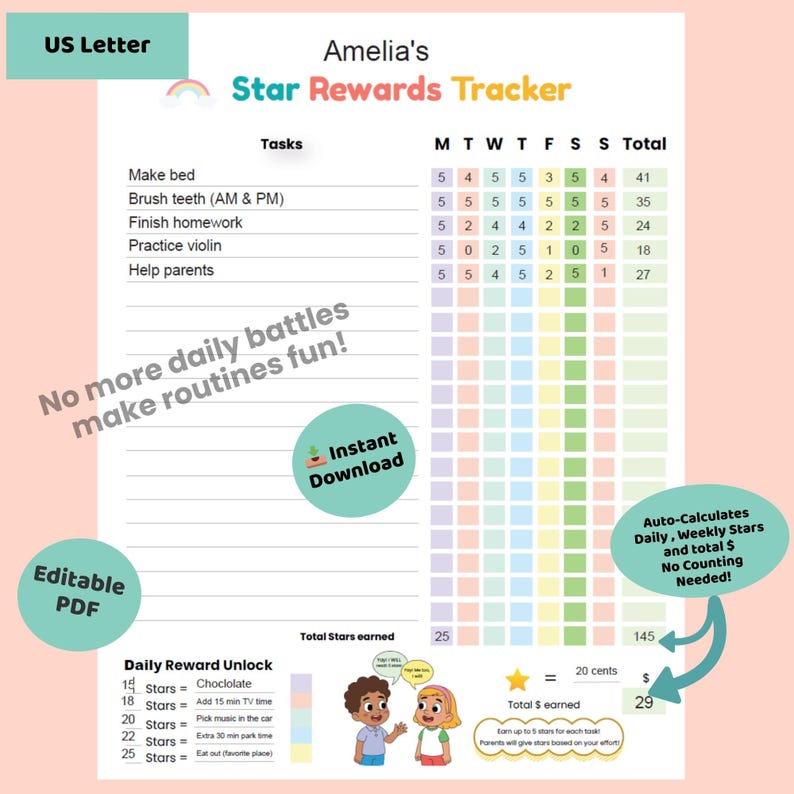 Kids Reward Chart Printable Star Reward Tracker | Chore Chart for Kids ...