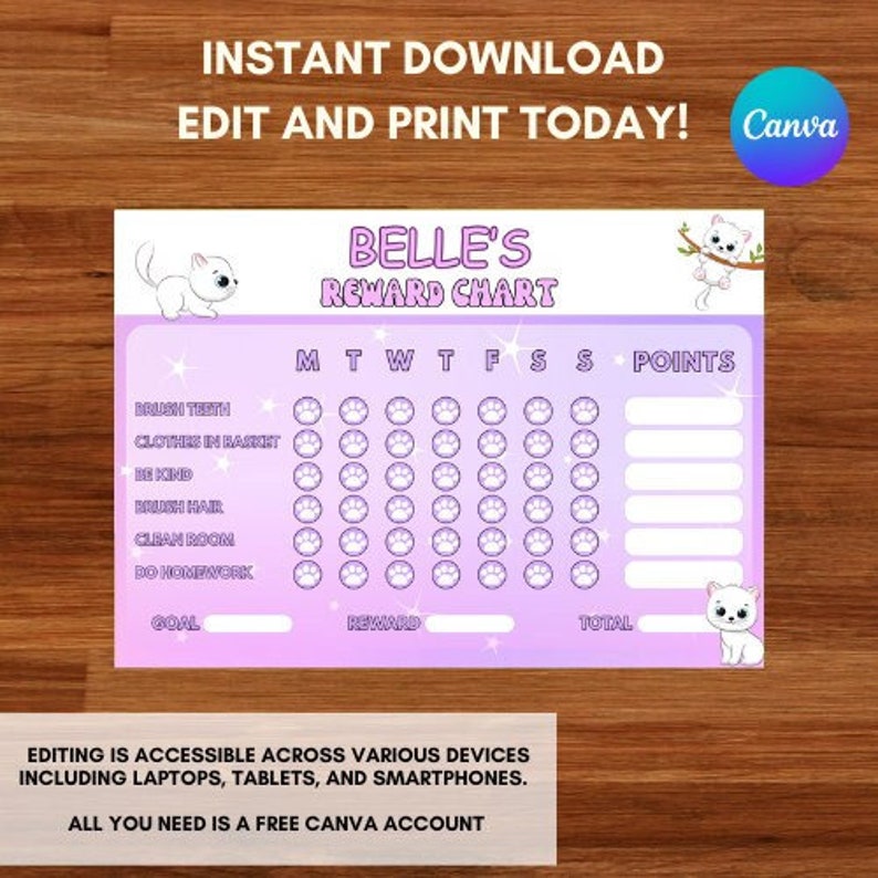 Reward Chart for Girls Reward Chart for Females Cat Lovers - Etsy
