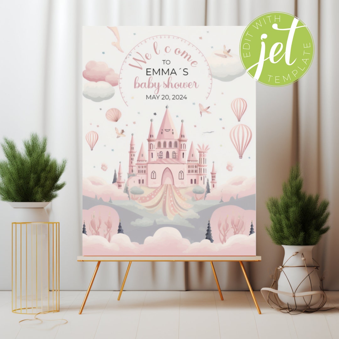 Digital Editable Castel Baby Shower Welcome Sign Pink Cloud Watercolor ...