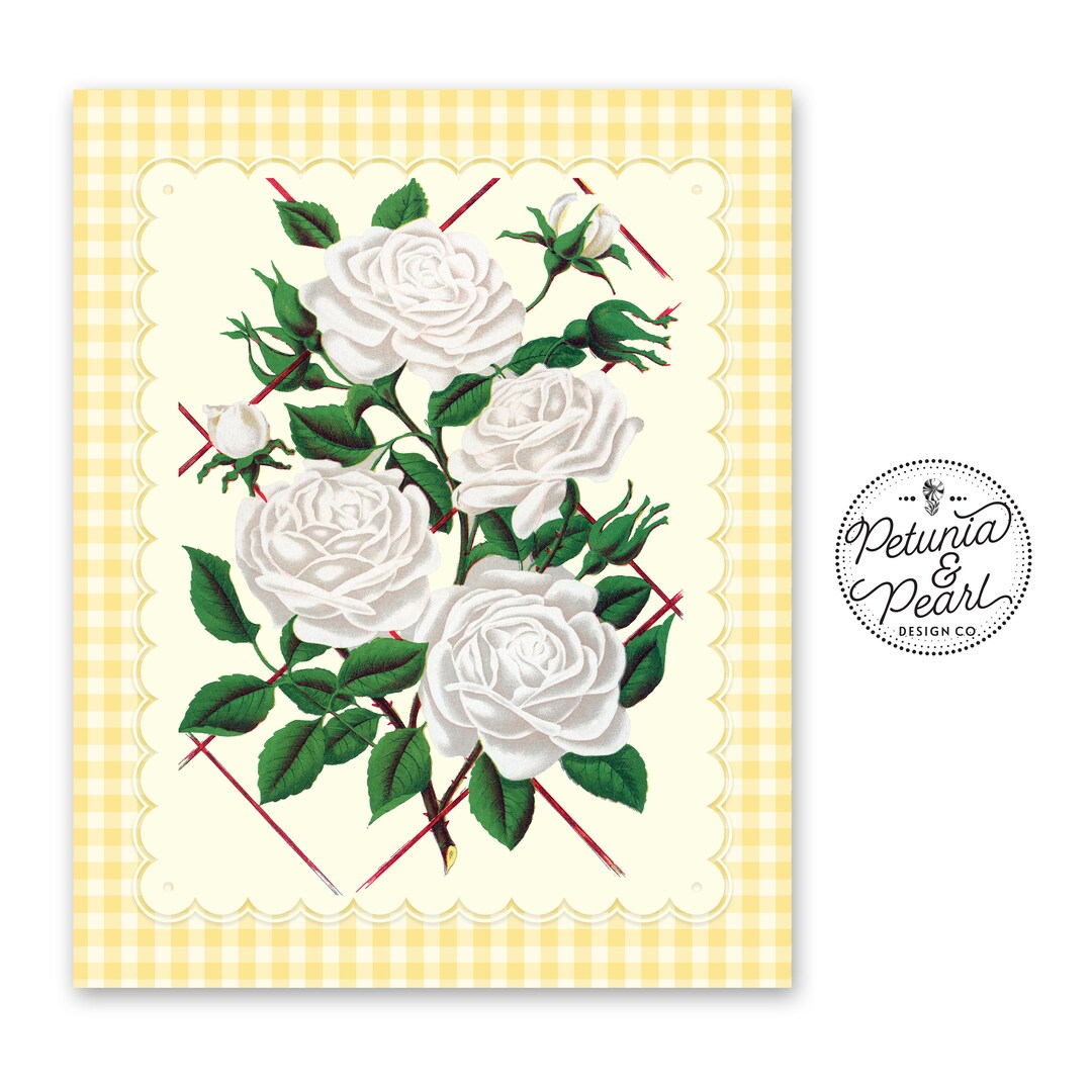 Yellow Gingham Rose Trellis Art Print · Country Cottage Poster ...