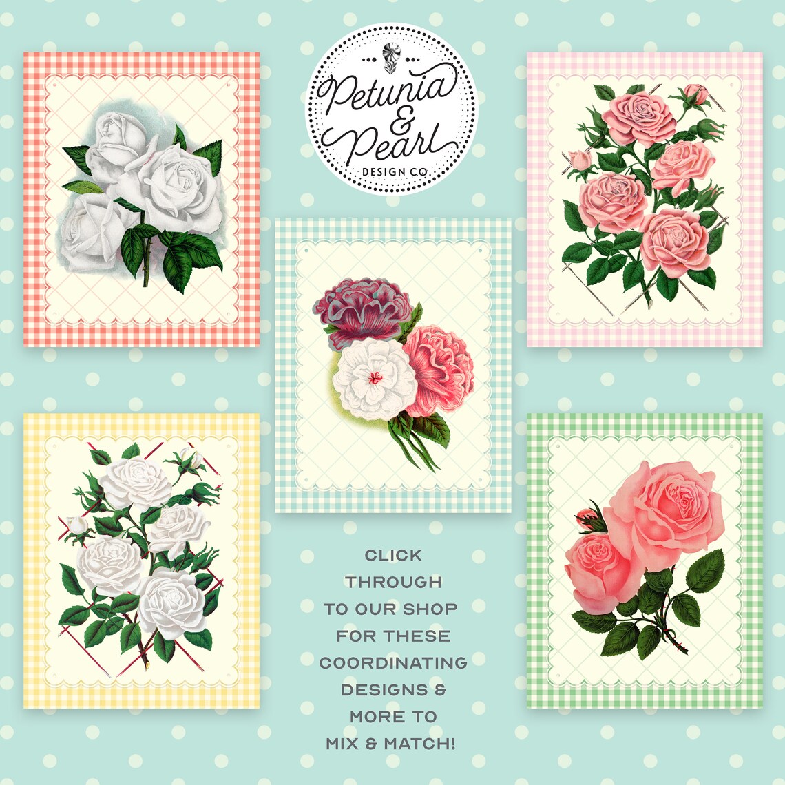 White Rose & Coral Gingham Art Print · Country Cottage Poster · Vintage ...