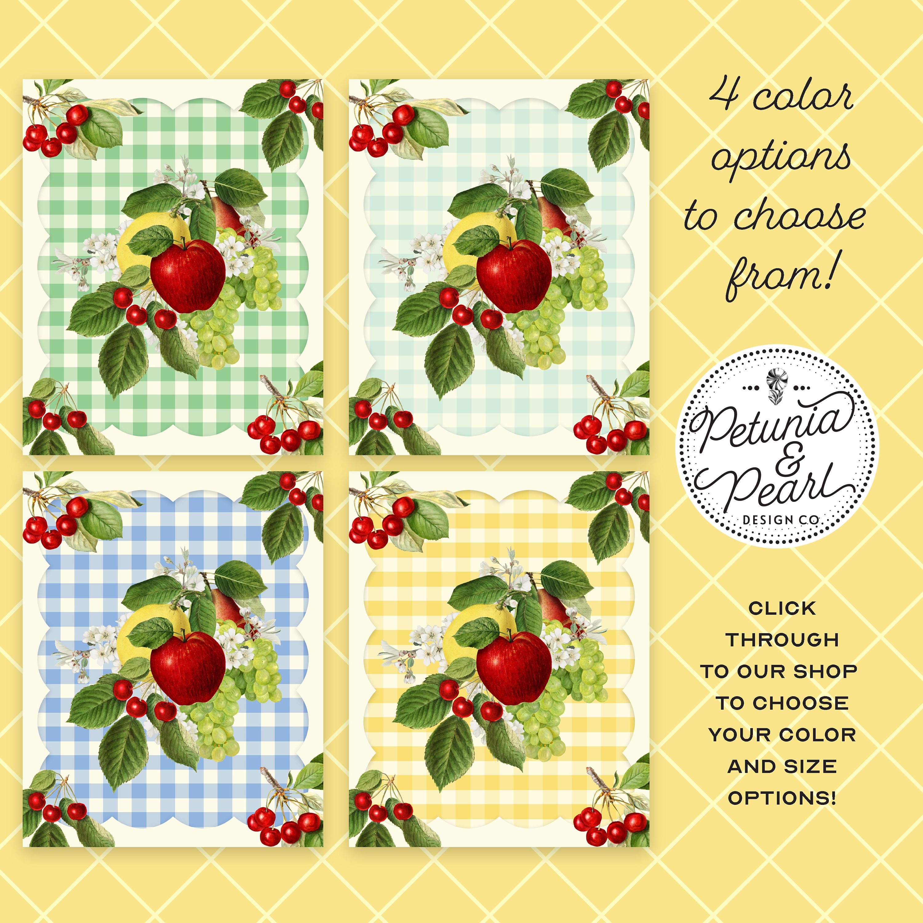 Aqua Gingham & Fruit Wall Art · Retro Style Print · Inspired by Vintage ...