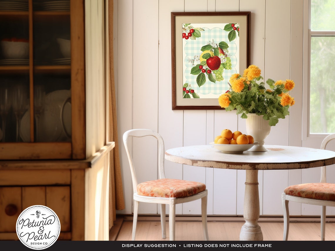 Aqua Gingham & Fruit Wall Art · Retro Style Print · Inspired by Vintage ...