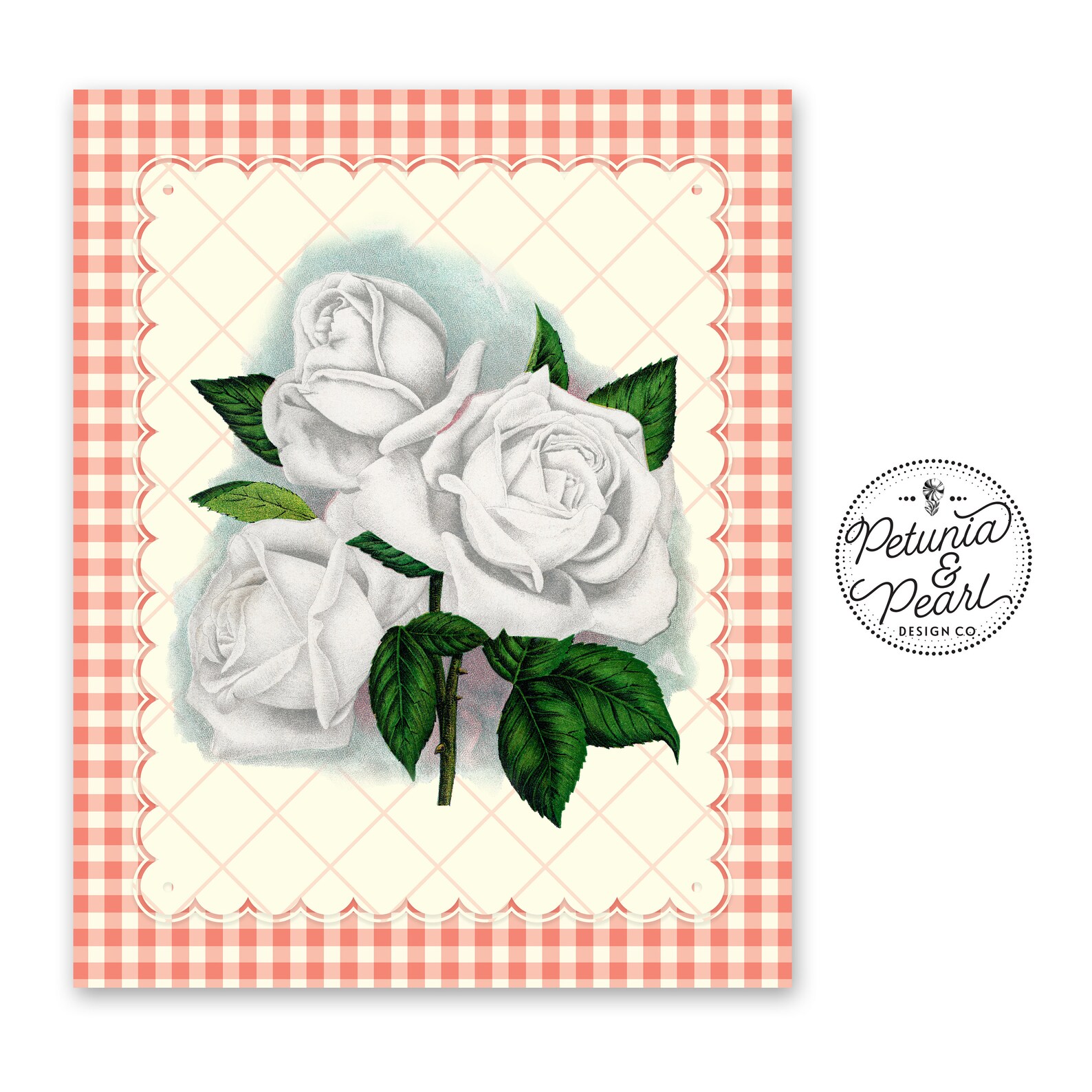 White Rose & Coral Gingham Art Print · Country Cottage Poster · Vintage ...