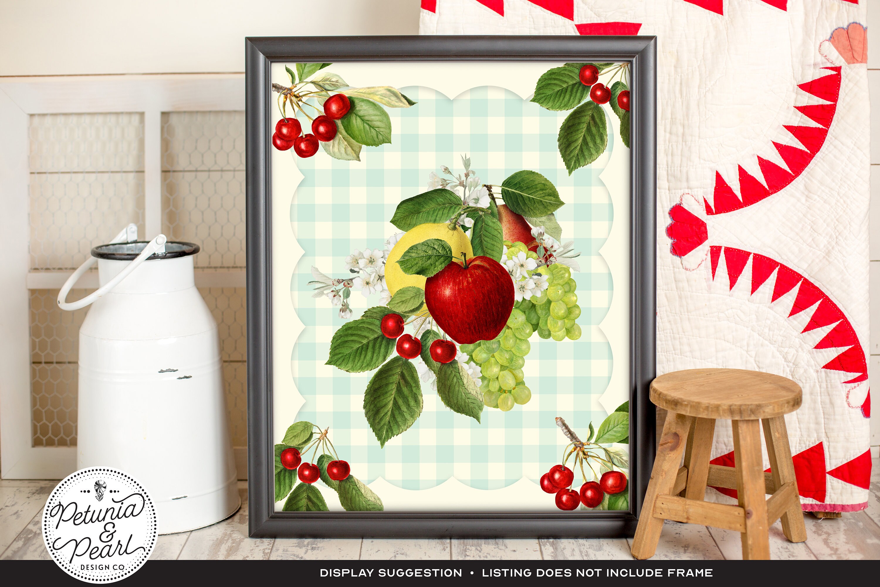 Aqua Gingham & Fruit Wall Art · Retro Style Print · Inspired by Vintage ...