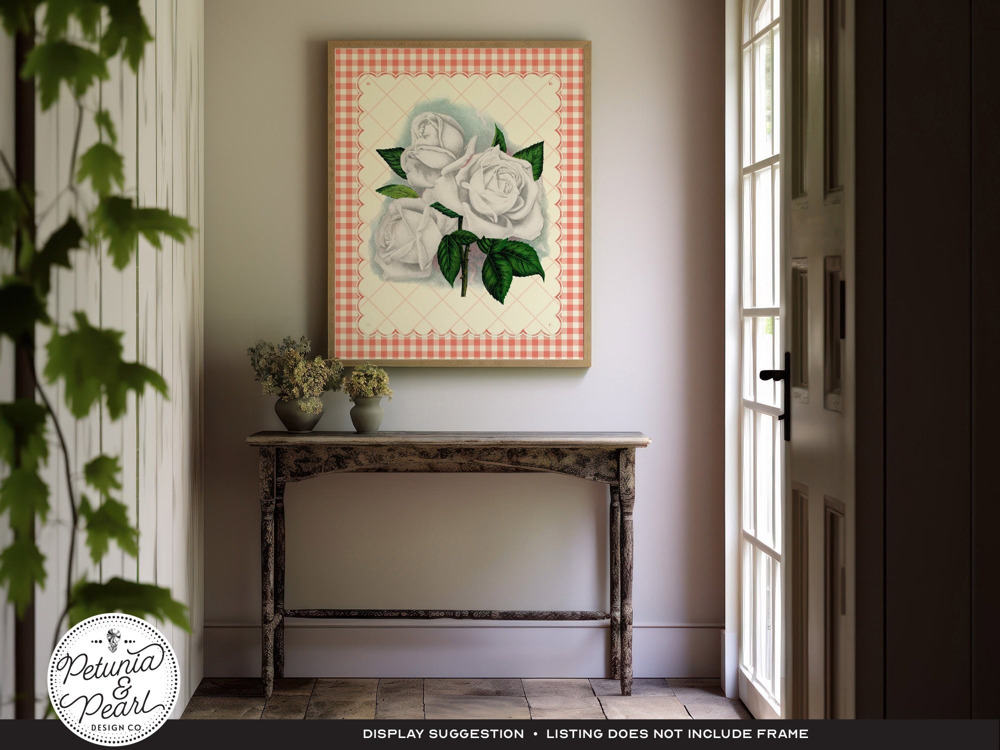 White Rose & Coral Gingham Art Print · Country Cottage Poster · Vintage ...