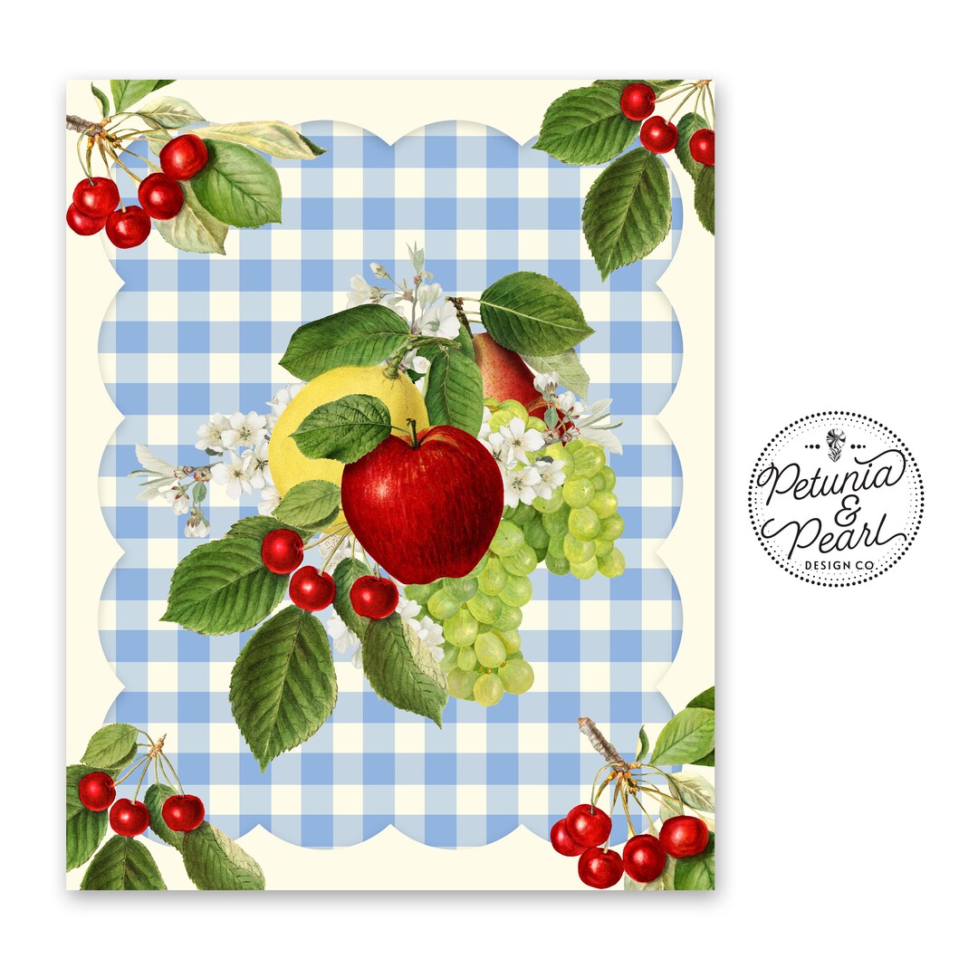 Blue Gingham & Fruit Wall Art · Retro Style Print · Inspired by Vintage ...