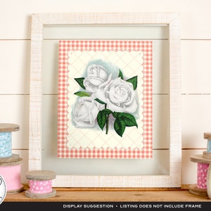 White Rose & Coral Gingham Art Print · Country Cottage Poster · Vintage ...