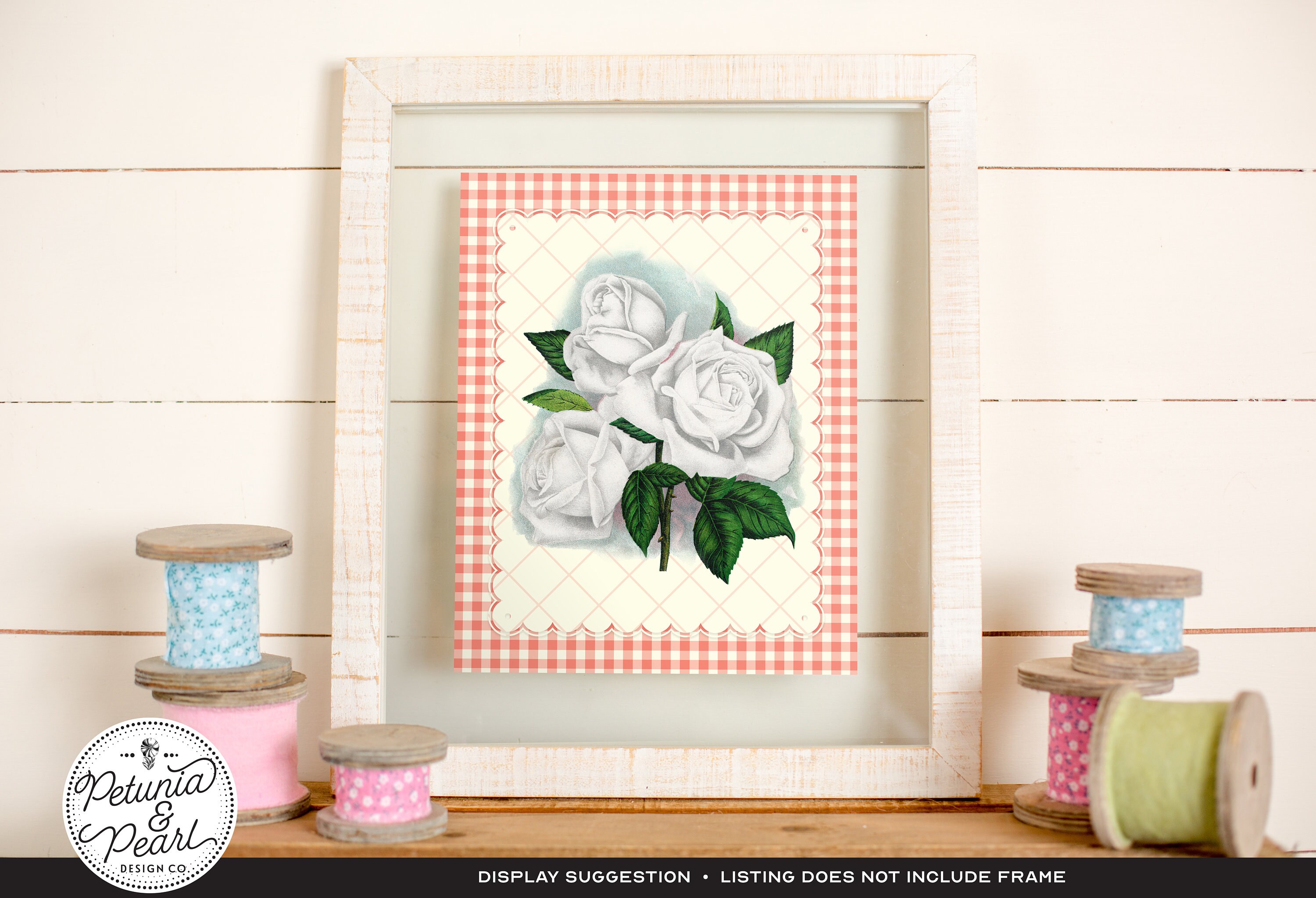 White Rose & Coral Gingham Art Print · Country Cottage Poster · Vintage ...