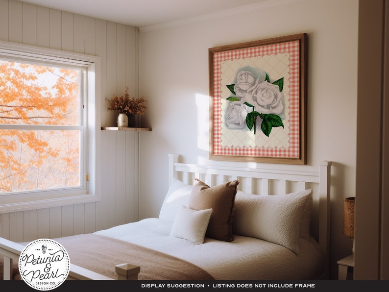 White Rose & Coral Gingham Art Print · Country Cottage Poster · Vintage ...