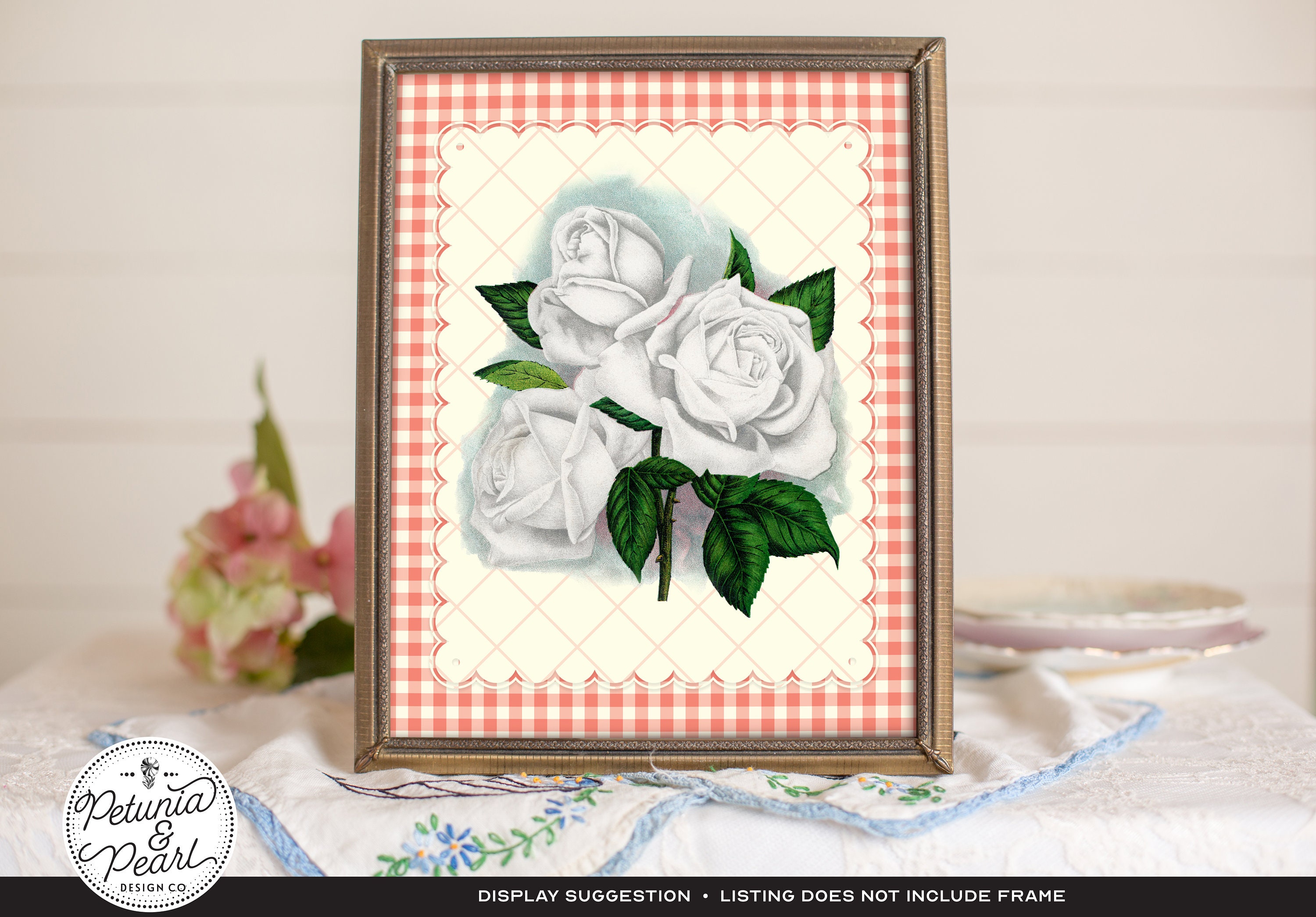 White Rose & Coral Gingham Art Print · Country Cottage Poster · Vintage ...