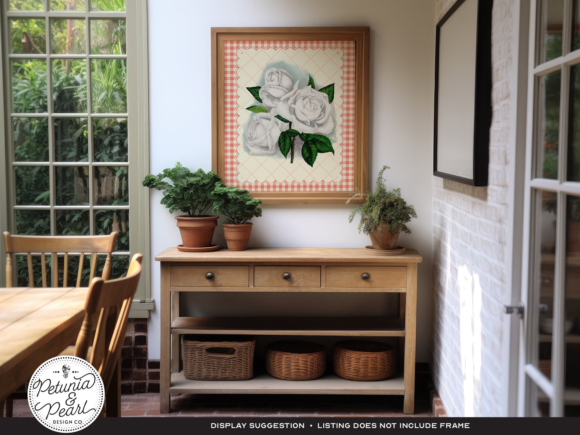 White Rose & Coral Gingham Art Print · Country Cottage Poster · Vintage ...