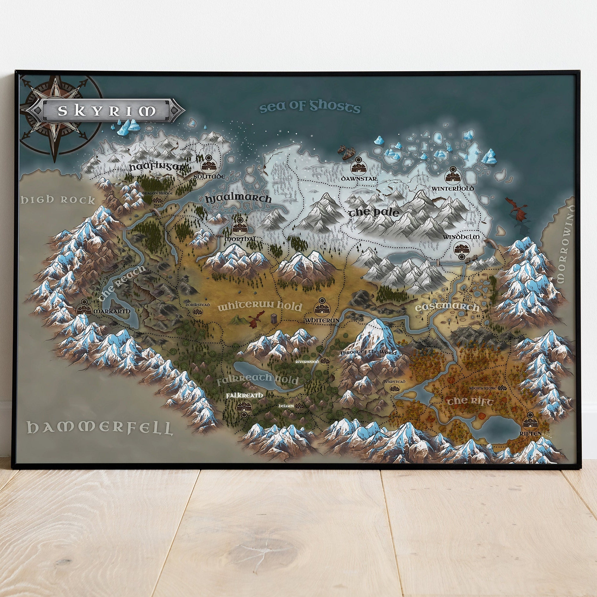 Skyrim Map Poster, Wall Art & Fine Art Print, Home Decor, Game Poster ...