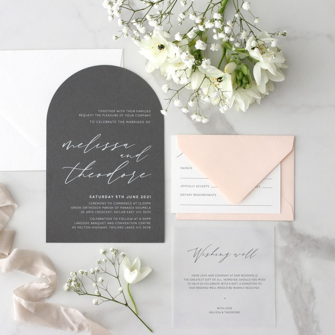 Grey Arch Shaped Wedding Invitations With Custom Real White Ink Print ...