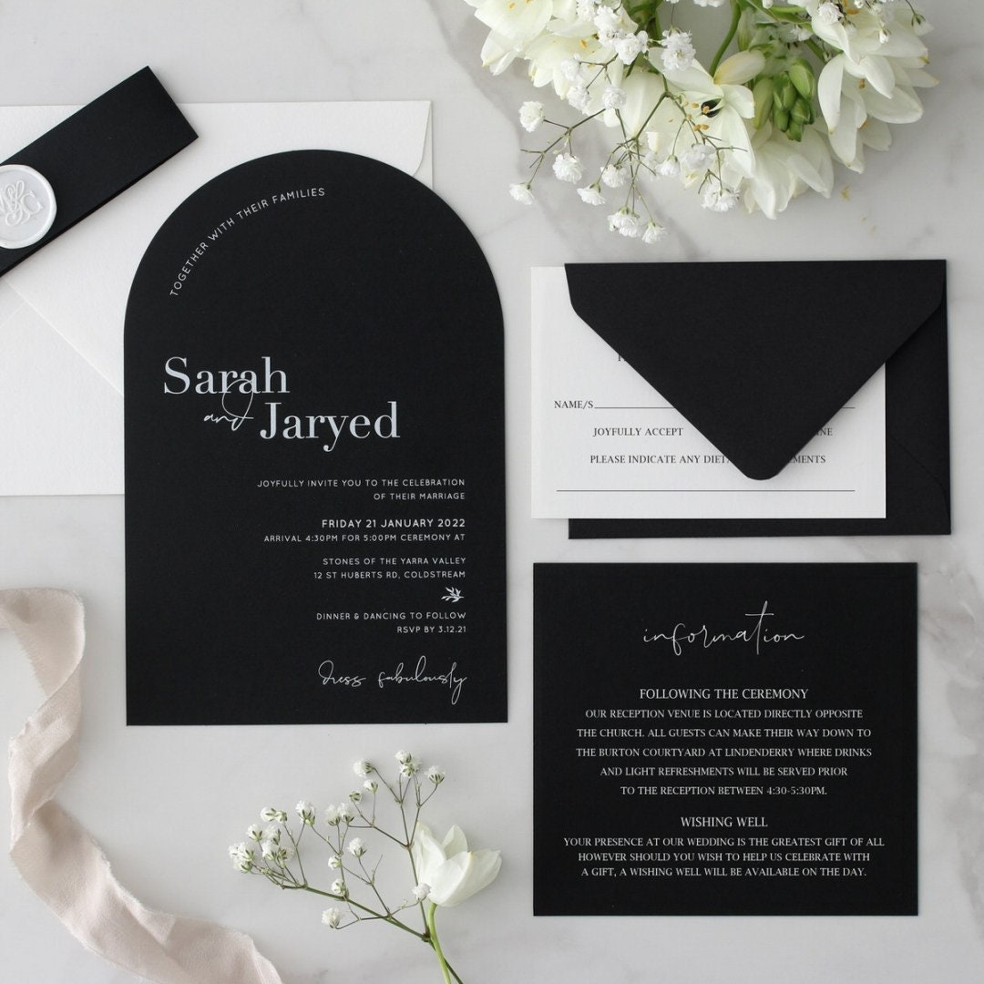 Monochrome | Black Arch Shaped Wedding Invitations With Custom Real ...