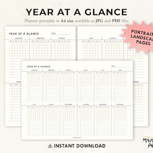 Year at a Glance | Yearly Calendar Printable | Undated Calendar | 2025 ...