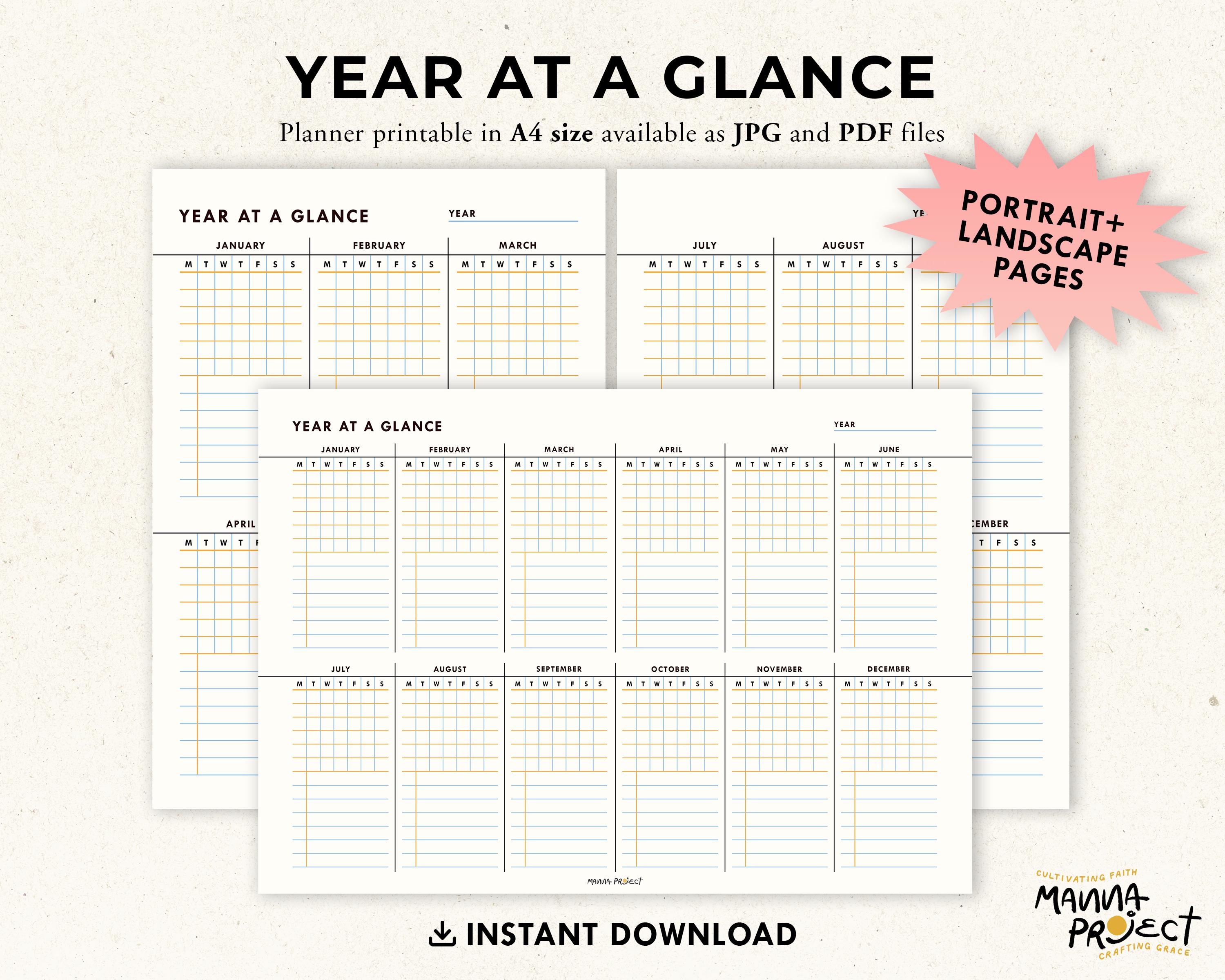 Year at a Glance Yearly Calendar Printable Undated Calendar 2025 ...