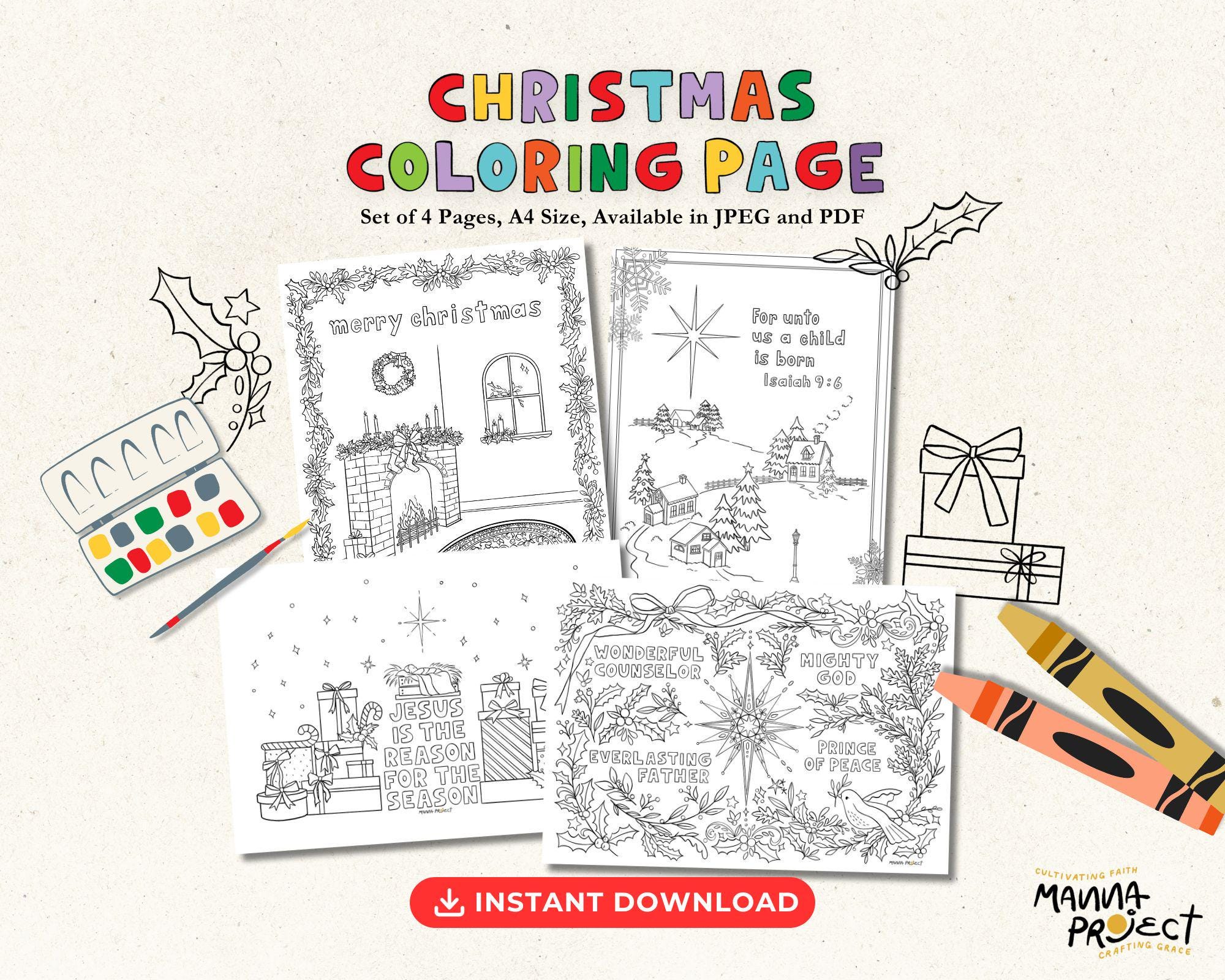 Christmas Coloring Pages | 4 Pages | Christmas Kids Activity | Holiday ...