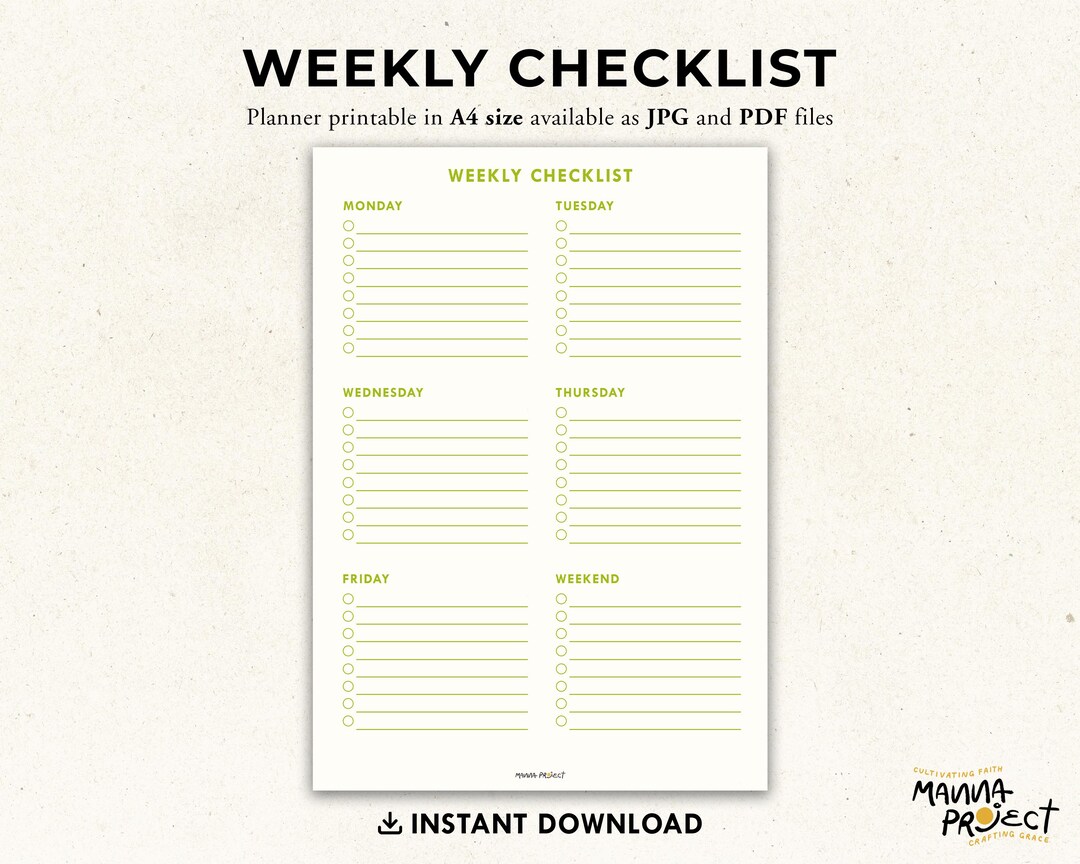 Weekly Checklist | Weekly Planner | Weekly Calendar | Checklist | Daily ...
