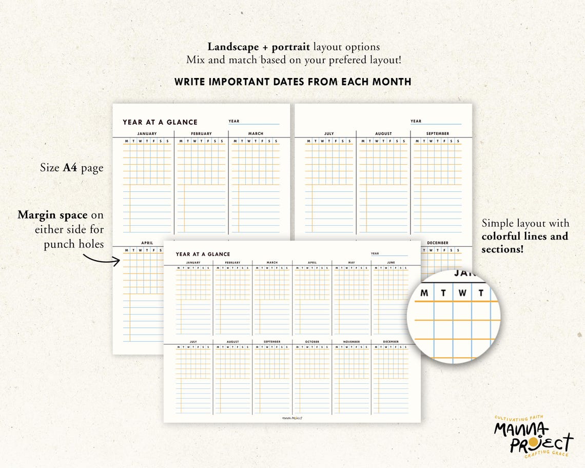 Year at a Glance Yearly Calendar Printable Undated Calendar 2025 ...