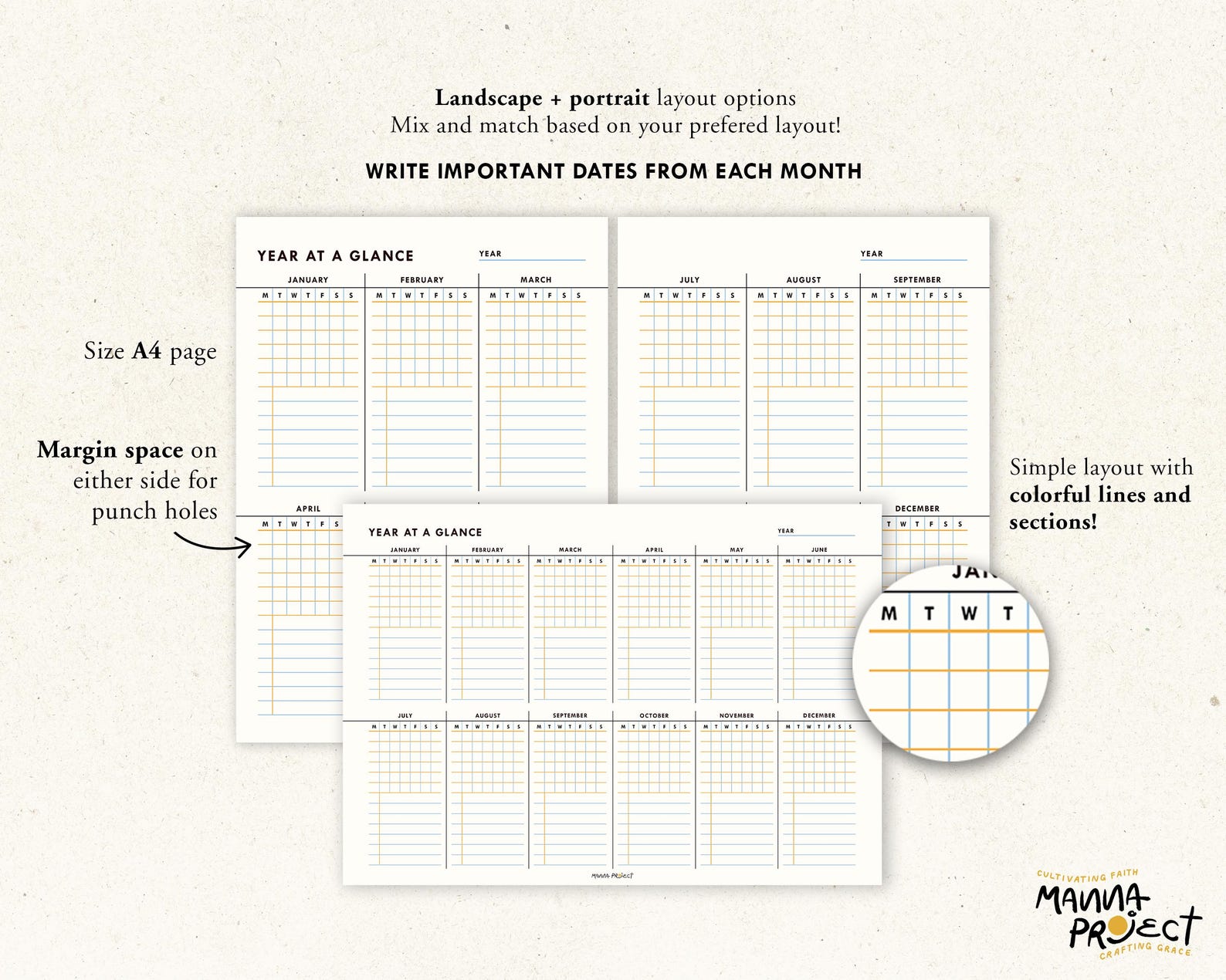 Year at a Glance | Yearly Calendar Printable | Undated Calendar | 2025 ...