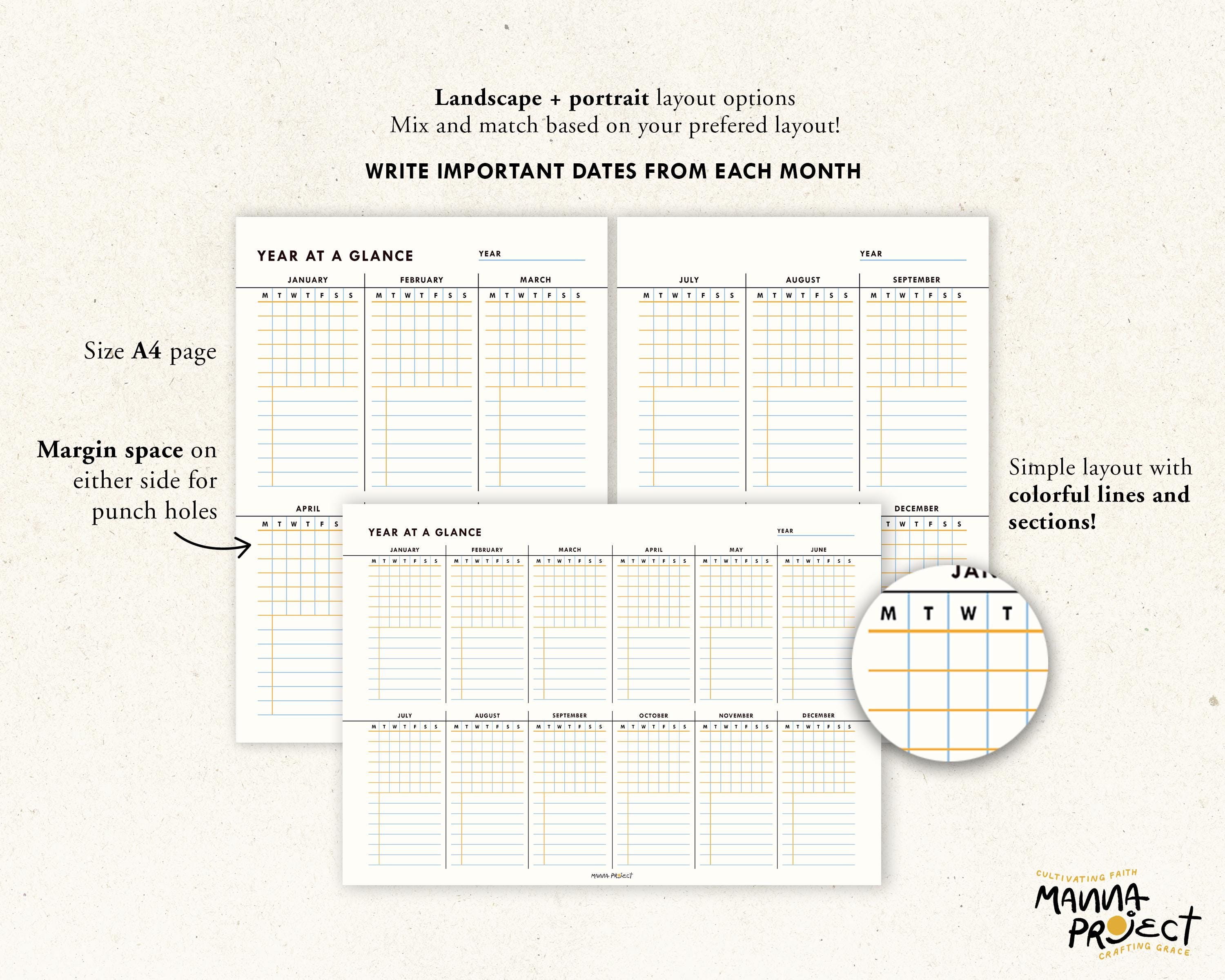 Year at a Glance Yearly Calendar Printable Undated Calendar 2025 ...