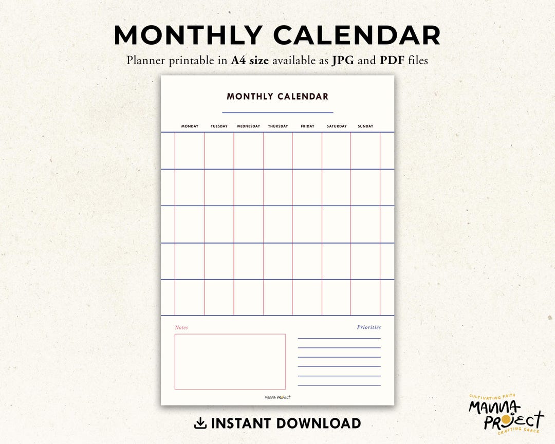 Undated Monthly Calendar Printable | Productivity Planner (PDF, JPG) - Etsy