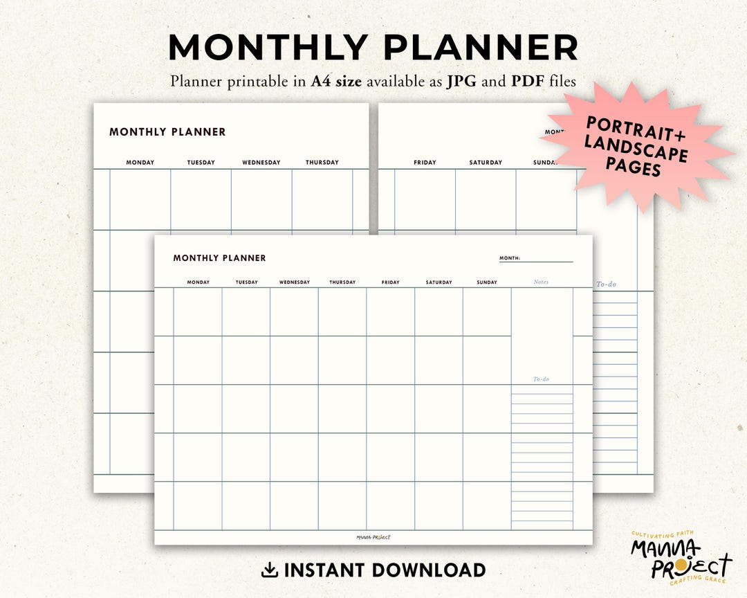 Undated Monthly Planner Printable | Portrait & Landscape (JPG+PDF) - Etsy
