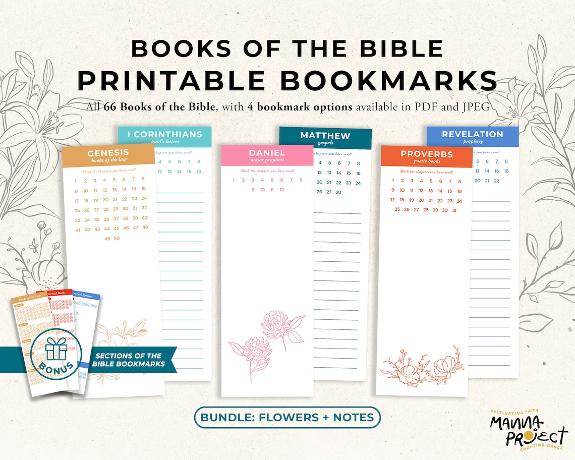 Books of the Bible Bookmark Bundle – Floral & Notes Designs (printable ...