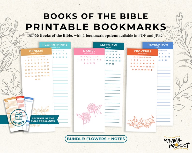 Books of the Bible Bookmark Bundle – Floral & Notes Designs (printable ...