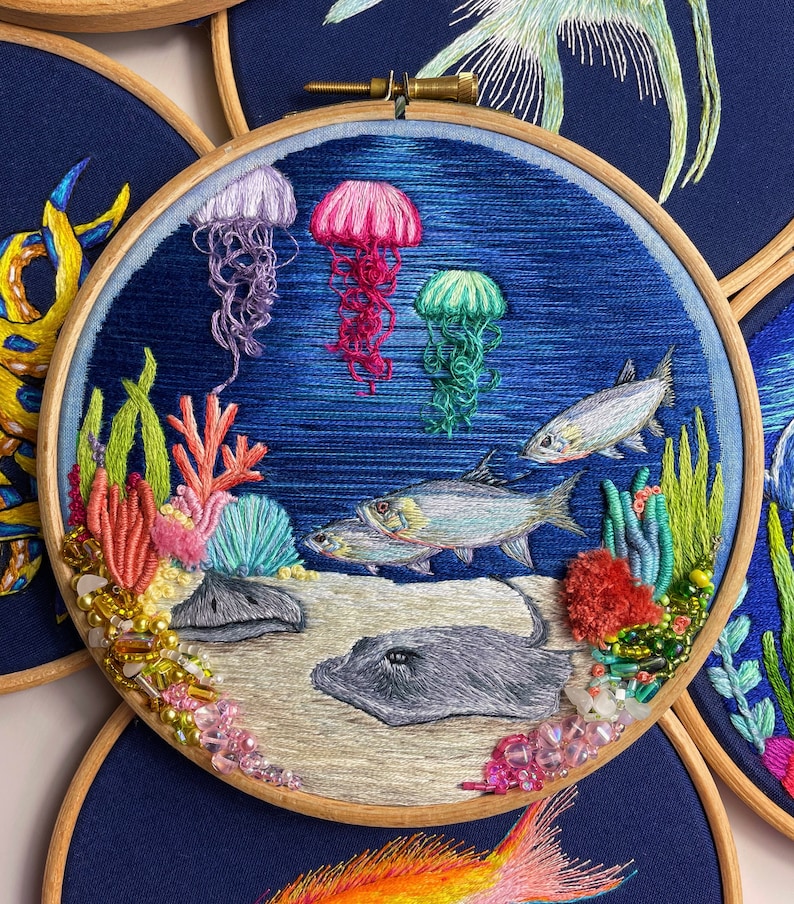 Ocean Dreams Thread Painted Embroidery Hoop Art - Fish, Jellyfish, and ...
