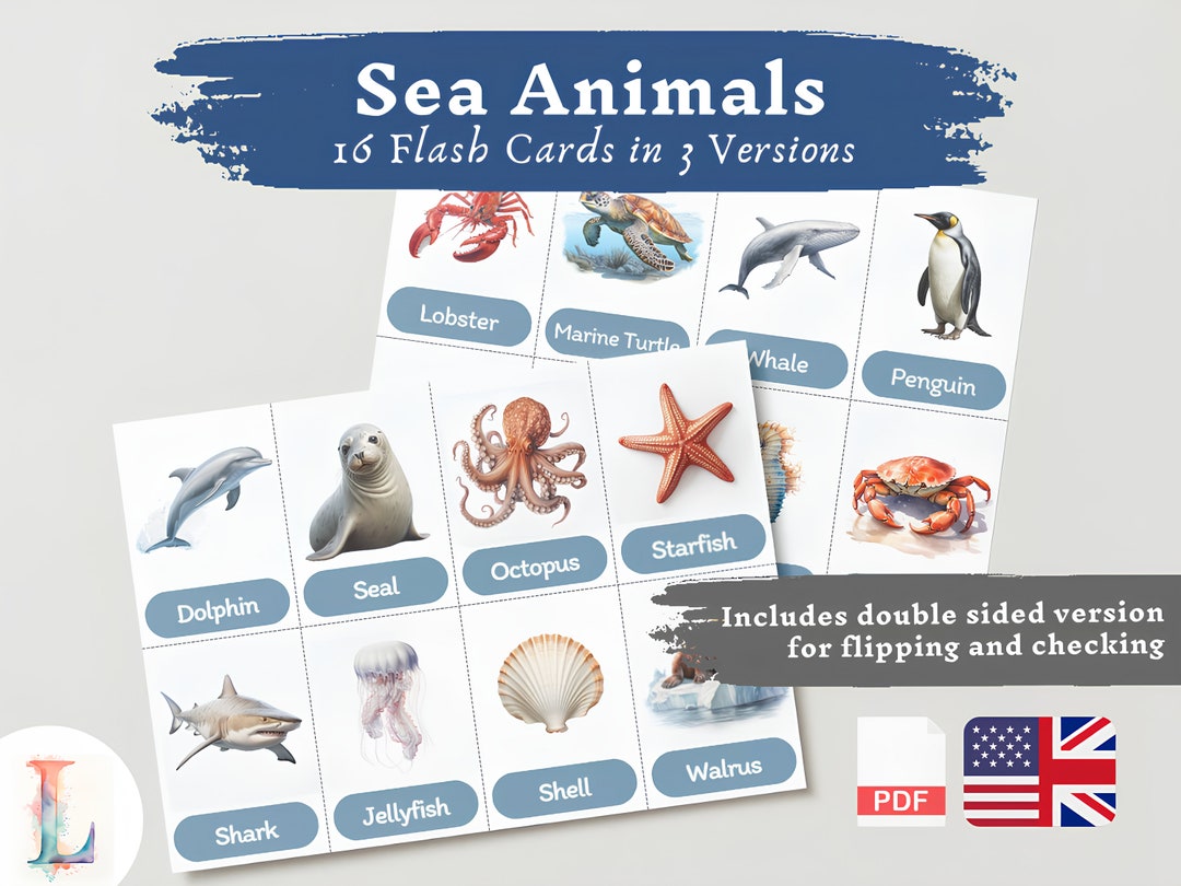 Flash Cards Sea Animals English | Montessori Toddler Kids Learning ...