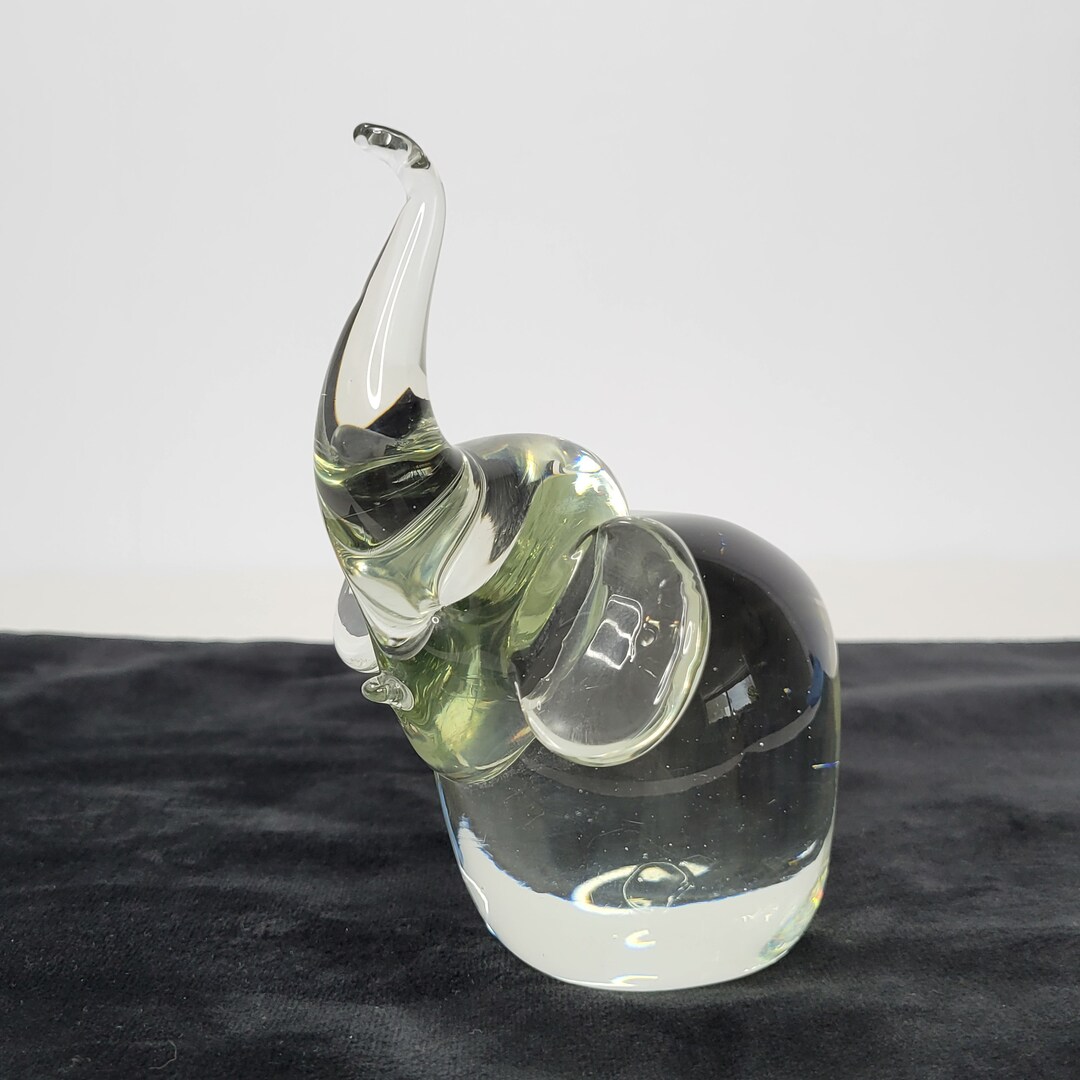 Vintage Clear Art Glass Elephant Figurine Paperweight Trunk up 5.5" H X ...