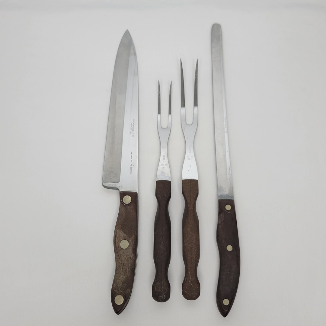 4 Piece Vintage Cutco Brown Wood Handle Knife Slicer Fork Set 24, 25 ...