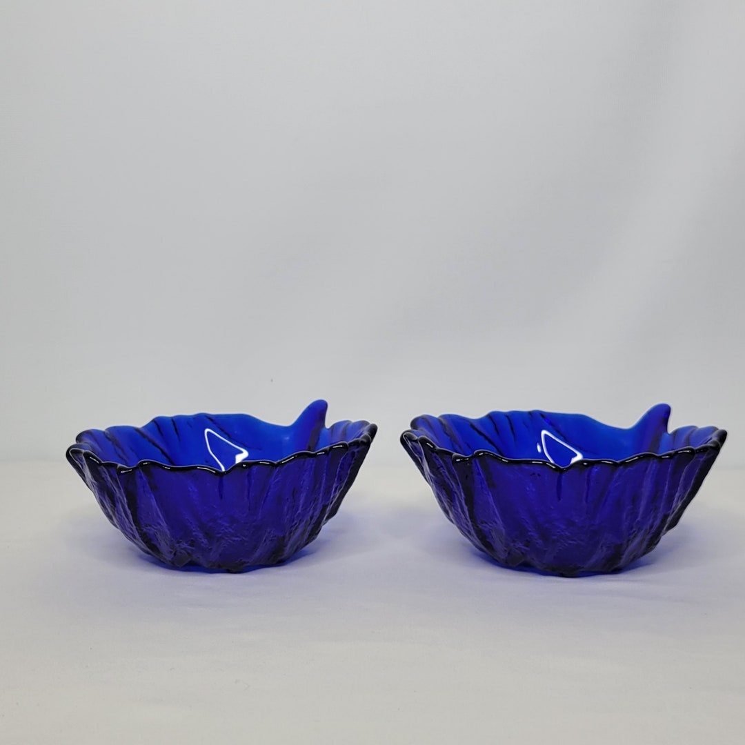 Set of 2 Vintage Blenko Glass Cobalt Blue Cabbage Leaf Shaped Bowls 6 ...