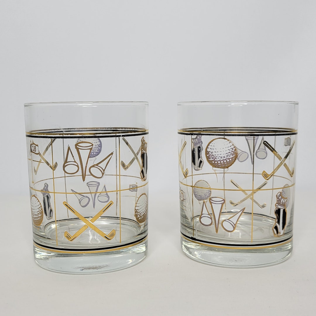2 Vintage MCM Golf Themed Low Ball Cocktail Rocks Glasses Gold Lined 12 Oz - Etsy