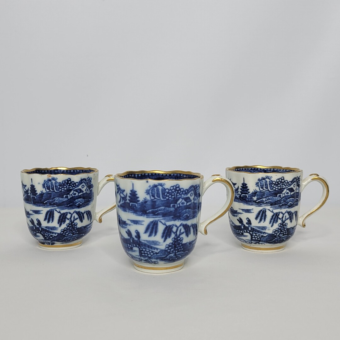 Set of 3 Antique Caughley Blue Willow Pagoda White & Gold Porcelain ...