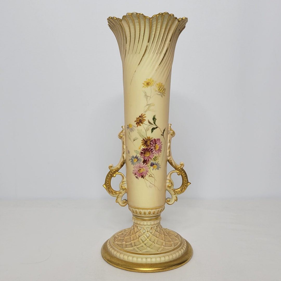 Antique Royal Worcester Edward Raby Ivory Floral Double Handled Vase 9. ...