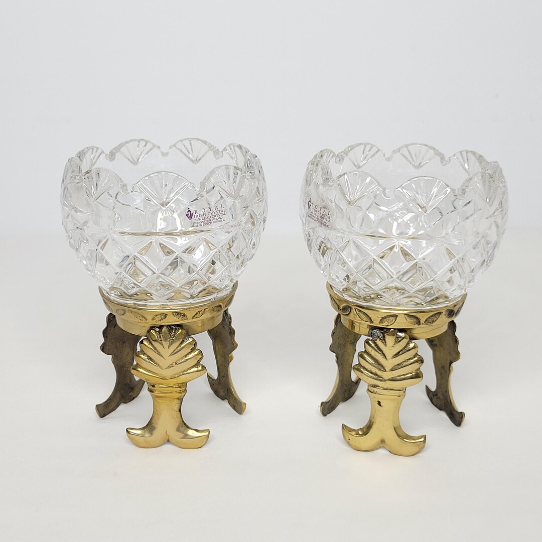 Pair of Vintage Royal Irish Crystal Candle Holders Candy Dish Brass ...