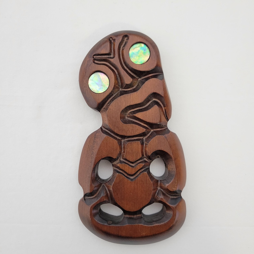 Vintage New Zealand Māori Wood Carving Tiki Paua Shell Wall Hanging ...